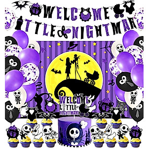 Nightmare Christmas Baby Shower Decorations, Welcome Little Night Before Halloween Birthday Party Decorations Includes Banner, Backdrop, Balloons,Cake Topper and Cupcake Toppers