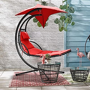 Greesum Hanging Curved Lounge Chaise Chair, Hammock Swing Chaise Chair, Floating Bed Furniture with Pillows, Canopy, Orange