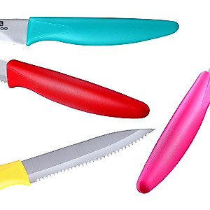KL KALOO Paring Knife, Set of 4 Paring Knives Set With 2-Piece 4-inch Straight & Serrated Paring Knives, 3.5-inch Peeling Knife & 4.5-inch Utility Paring Knife (Green, Red, Pink and Yellow)