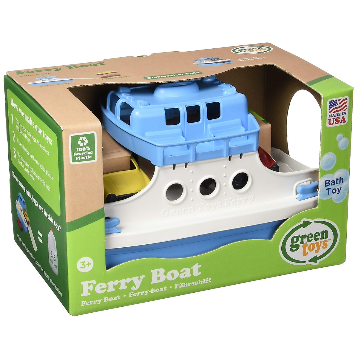 Green Toys Ferry Boat, Blue/White 4C - Pretend Play, Motor Skills, Kids Bath Toy Floating Vehicle. No BPA, phthalates, PVC. Dishwasher Safe, Recycled Plastic, Made in USA.
