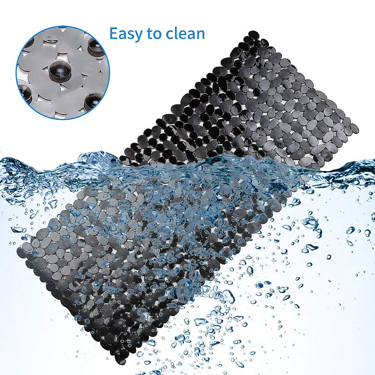 Non-Slip Pebble Bathtub Mat Black 16 W x 35 L Inches (for Smooth/Non-Textured Tubs Only) Safe Shower Mat with Drain Holes, Suction Cups for Bathroom