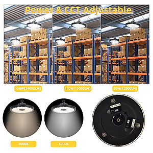 UFO LED High Bay Light, 150W/100W/80W, 5000K/4000K Adjustable, 25000Lumens, 0-10V Dimmable, Super Bright LED Shop Light, AC100-277V, IP65 Commercial Bay Lighting for Garage Warehouse, DLC Qualified