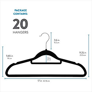 Zober Velvet Hangers 20 Pack - Clothes Hanger W/Tie Bar - Non-Slip, Swivel Hook, Slim Felt Hangers - Suits, Clothes, Pants, Coat Hanger - Black