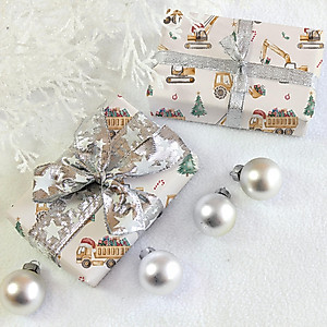 SaringSwoon Construction Christmas Wrapping Paper for Kids - Holiday Wrapping Paper with Dump Trucks, Cranes, Excavators with Santa Hats & Gifts, Christmas Tree - 40×28 Inches, 4 Folded Sheets