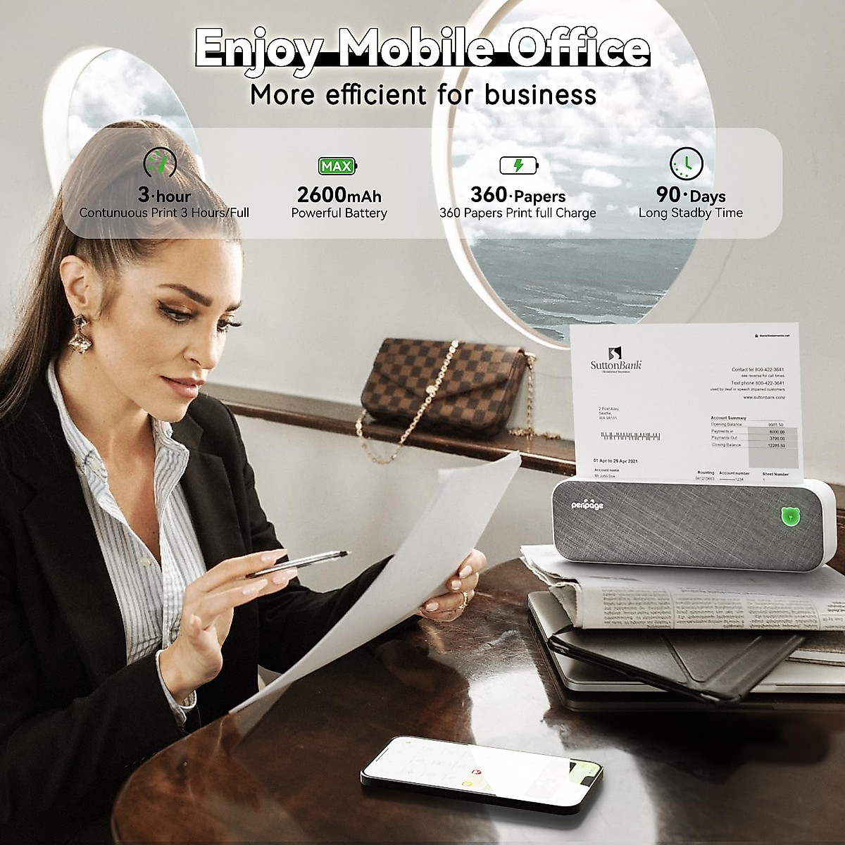 PeriPage Thermal Inkless Portable Printer, Supports 8.26"x11.69" US Letter, Wireless Bluetooth Mobile Travel Printer, Compatible with Android and iOS, Prints Documents,Tattoo Paper, Photos