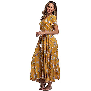 VintageClothing Women's Floral Maxi Dresses Boho Button Up Split Summer Casual Long Dress Beach Party Dress, L