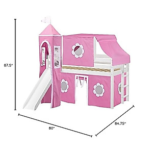 JACKPOT! Princess Low Loft Bed with Slide, Pink and White Tent and Tower, Twin, White