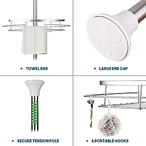 Rosefray Shower Caddy Tension Pole, 304 Stainless Steel Corner Shower Shelf with 4 Big Adjustable Baskets, 6 hooks, Adjustable Height from 3.7 to 9ft