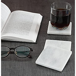 Coaster Set of 6 White Handmade Marble 3.5 Inch Bar Drink Cup Pad, Coffee Mug Square Coasters Set for Kitchen - Ideal Pot Drinks Tea Absorbent Coaster Plates