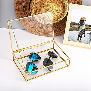 Feyarl Gold Clear Glass Jewelry Trinket Box Photo Cards Shadow Box Organizer Collection Display Case Decorative Keepsake Box with Lid for Home Deco