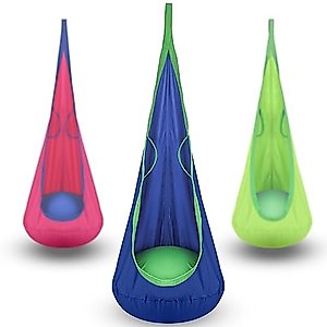 Highwild Kids Pod Swing Seat Child Hanging Hammock Chair with Inflatable Pillow - Sensory Swing Chair with Pocket and Handles - for Any Indoor or Outdoor Spaces - Max 176 Lbs (Blue and Green)