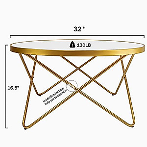 KithKasa Mid Century Modern Round Gold Coffee Table with White Glass and Metal Frame Central Table for Living Room Recepetion Room