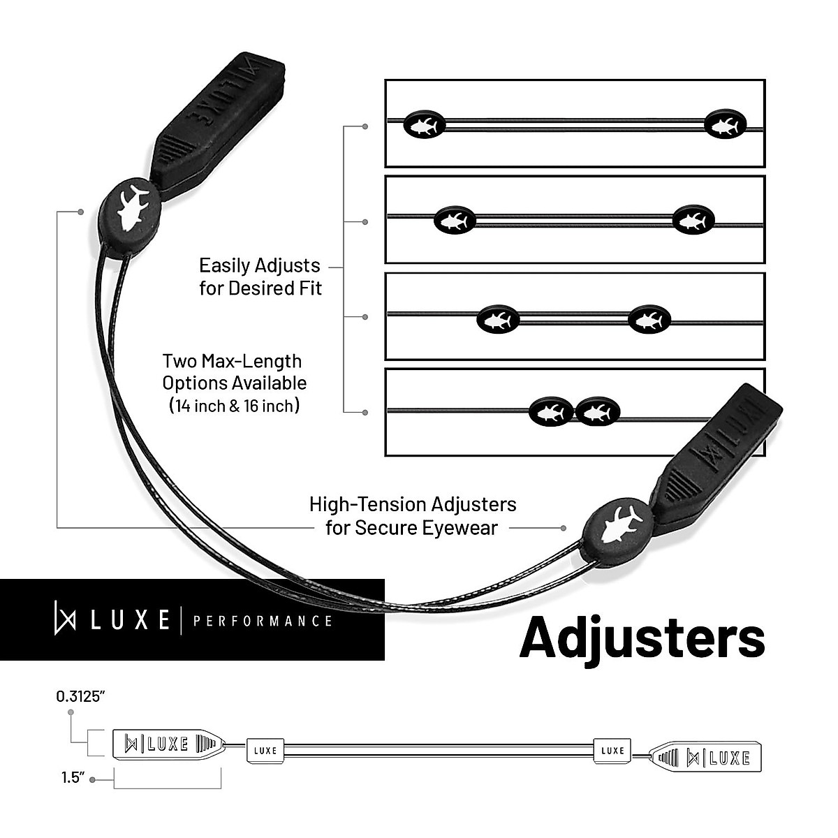 Luxe Performance Glasses Strap - Durable Eyewear Retainer, Sunglasses Strap, Eyeglasses Strap - Adjustable Cable Strap for Active Lifestyle, High Tension, No Tail, Temple Grip