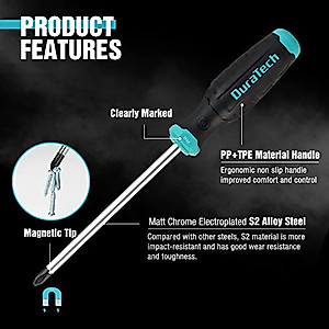 DURATECH 12-Piece Magnetic Screwdriver Set, 5 Phillips and 5 Slotted Tip S2 Alloy Steel Screwdriver Set, 1 pc Magnetizer Demagnetizer, 1 pc CR-V Offset Screwdriver, Storage Tray Included