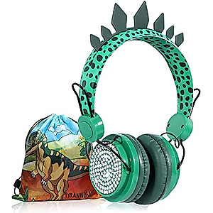 Kids Headphones Boys, Wired Dinosaur Headphones w/Mic 3.5mm Jack & Adjustable Headband & Tangle-Free Cord, Over On Ear Headset for School Birthday Xmas, w/1pc Dinosaur Party Bag, Green