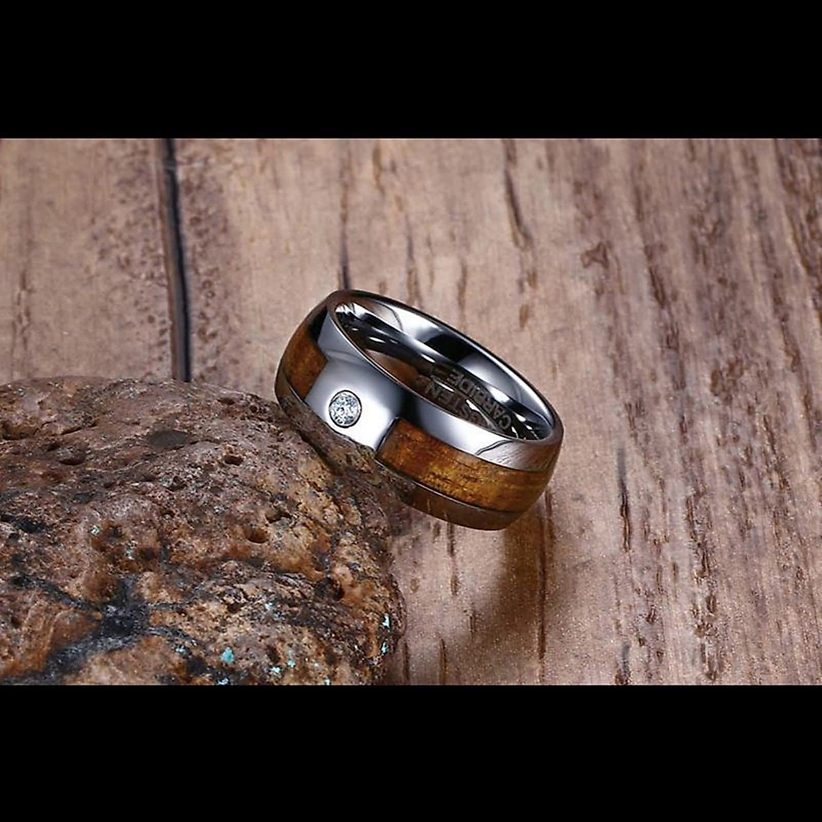 Epinki Wedding Rings Silver, 8MM Tungsten Ring with Wood Inlay White Round Cubic Zirconia Band Ring 2PCS Couple Rings Women Size 8 & Men Size 12