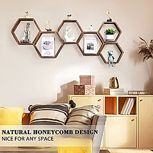 NORCEESAN Hexagon Floating Shelves Set of 6 Honeycomb Shelves for Wall Wood Farmhouse Storage Home Decor Shelf Wall Mounted Wooden Hexagonal Shelves for Bedroom Living Room Nursery, Rustic Brown