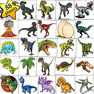 Tazimi 88 Sheets 3D Dinosaur Temporary Tattoos For Kids T-Rex Tattoo Sticker Dinosaur Tattoo Party Decoration DIY Temporary Tattoos Art