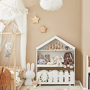 Haotian Kids Book Shelf, Children Bookcase House-Shaped Storage Display Shelf with Mobile Storage Chest on Wheels, KMB52-W