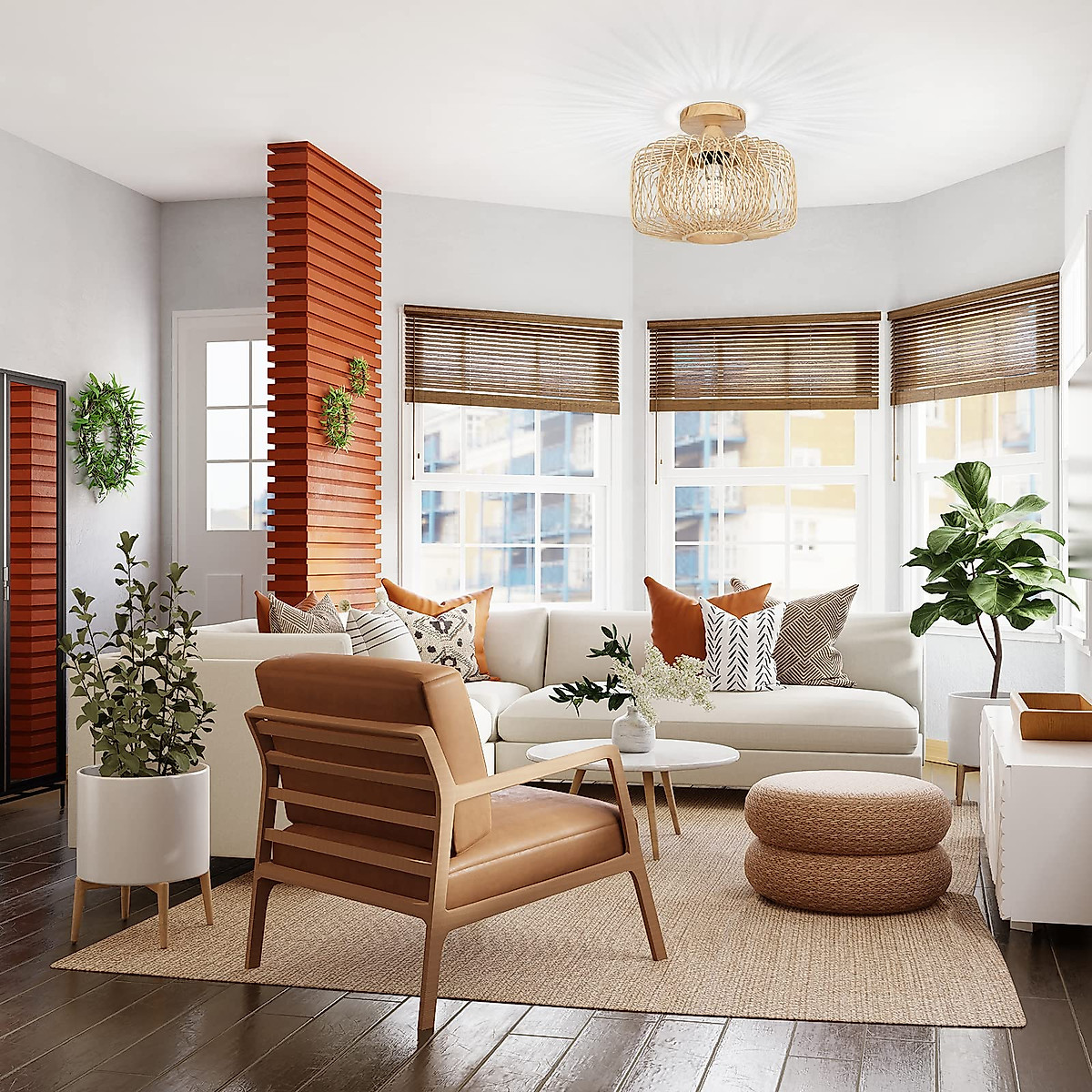 FRIDEKO HOME Woven Rattan Flush Mount Light Fixture - Boho Light Fixtures Ceiling Bedroom Ceiling Lights Flush Mount Ceiling Light for Living Room Hallway Kitchen Entryway Farmhouse