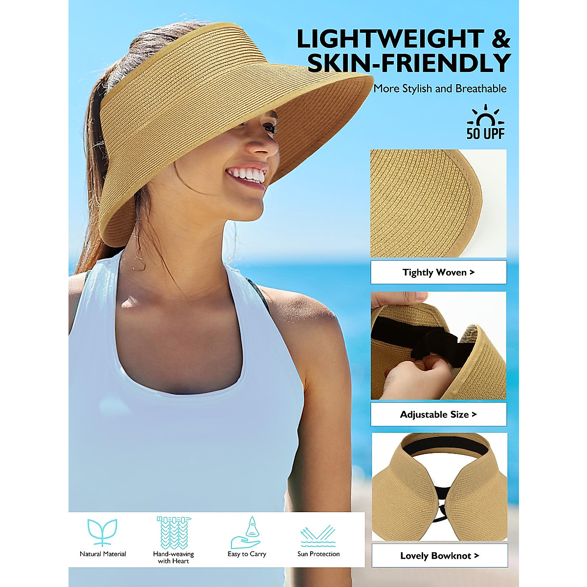 Straw Sun Visor Hats for Women, Pakcable Roll-Up Wide Brim Ponytail Summer Beach Hat, Straw Hats for Women UV Protection, Beach Hats for Women for Girls Holiday Summer Vacation Travel (Dark Coffee)