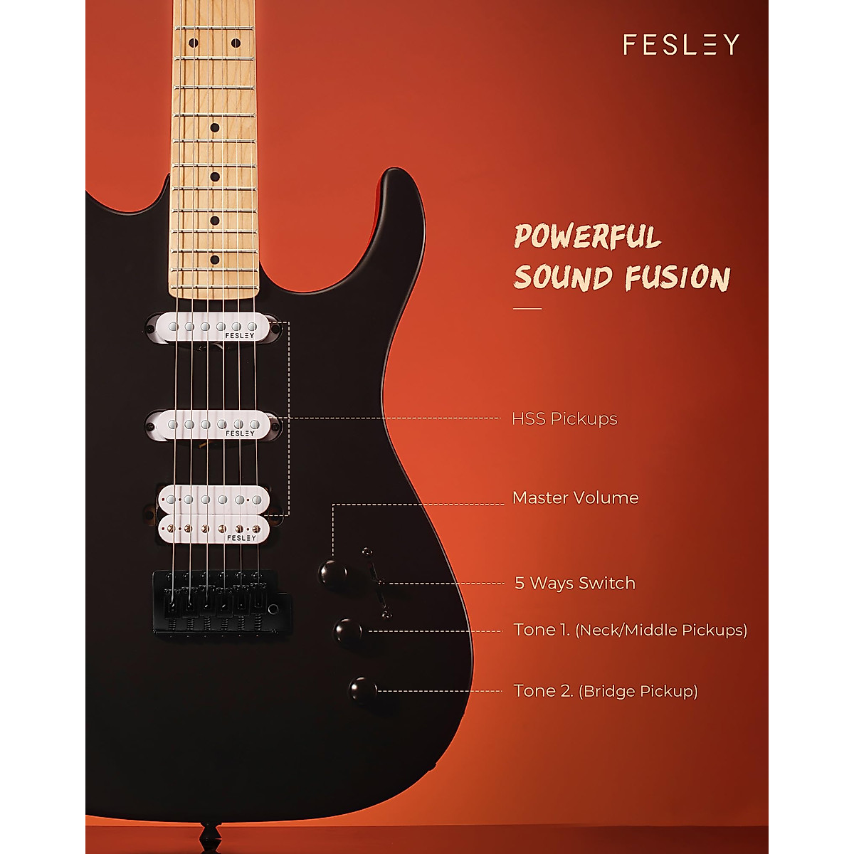 Fesley 39" Electric Guitar, Full Size Solid Body Electric Guitars For Beginner, ST Style, Maple Neck/Fretboard, Electric Guitar Kit With HSS Pickup, Gig Bag, Matte, Morandi Black