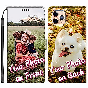 Unique-Custom-Gift Personalized Photo Premium PU Leather Wallet Phone Case with Kickstand and Flip Cover for Apple iPhone 5S 6S 7 8 Plus SE XR XS 11 12 13 Pro Max, Customize Picture on Front and Back