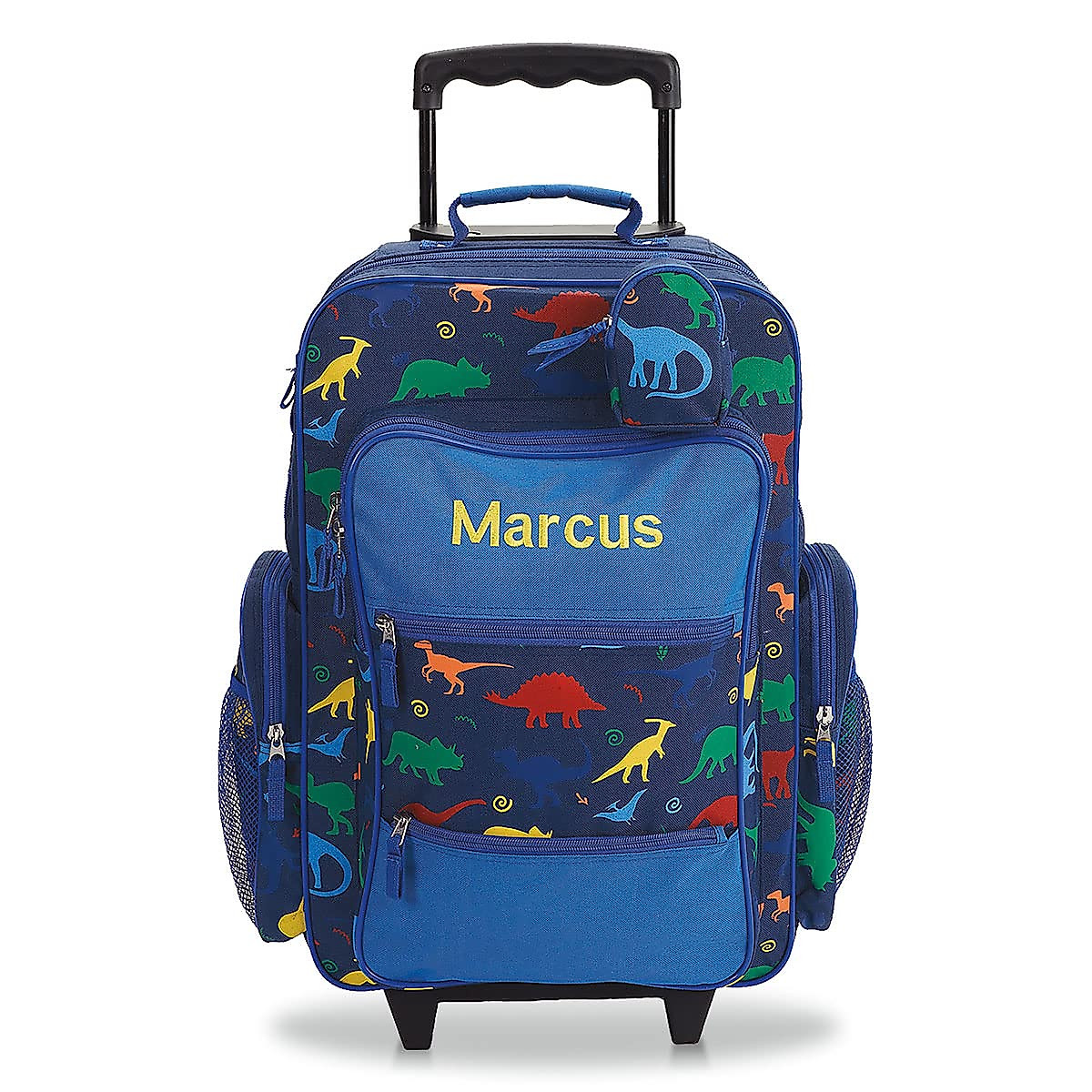 Lillian Vernon Personalized Rolling Luggage for Kids, 5-Pocket Dinosaur Suitcase Set With Clip-On Pouch, Customizable Boys Travel Carrier on Wheels, 6W x 15.5L x 23”H