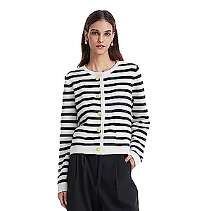 GOELIA Women's Striped Short Cardigan Sweater, Crewneck Button Up Knit Wool Sweaters