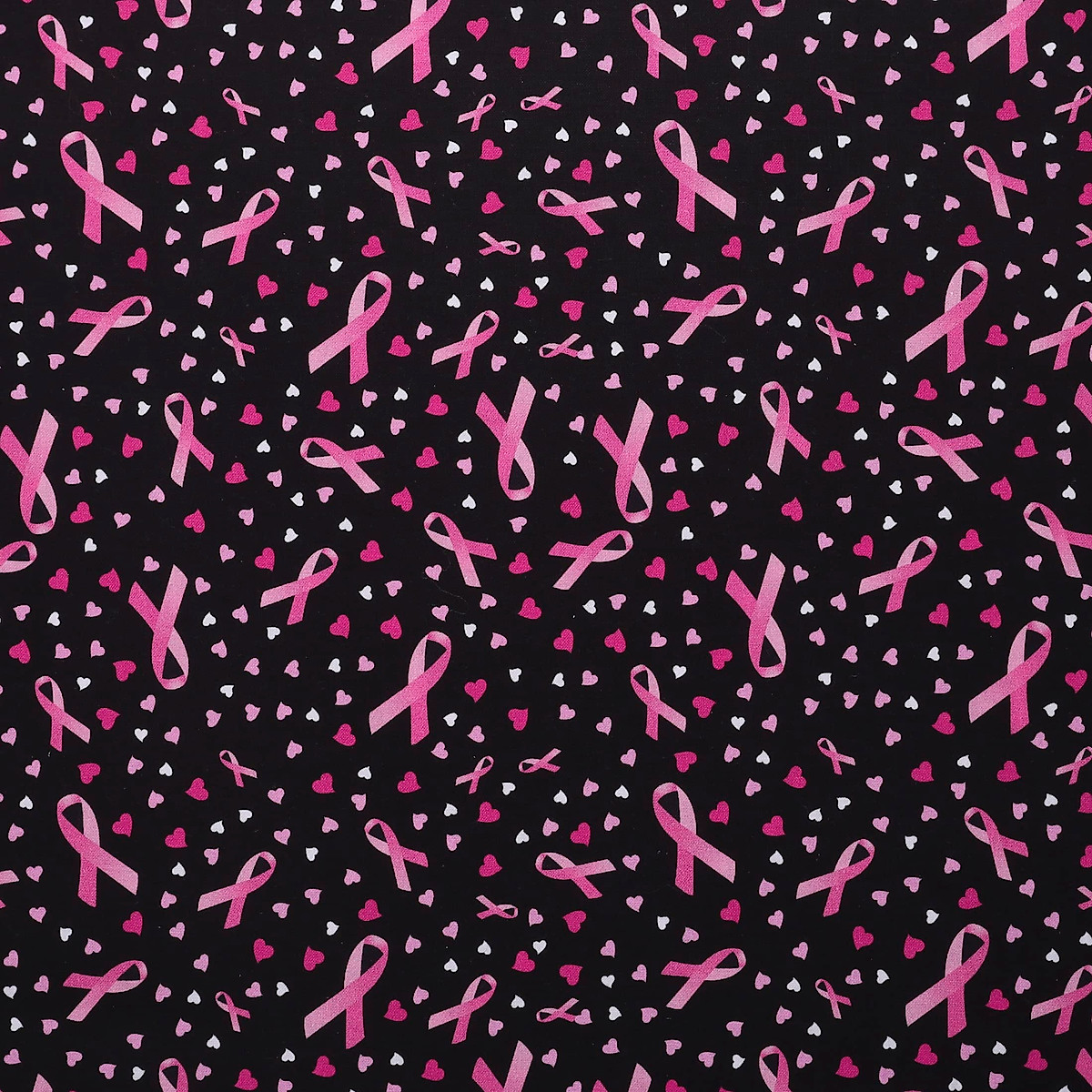 Mook Fabrics Cotton Cancer Awareness Ribbon Hearts, Black/Pink Cut by The yard