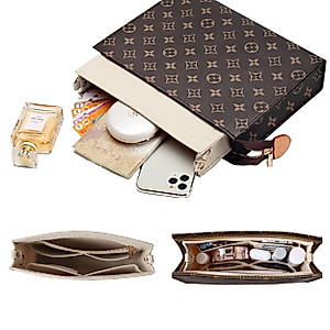 Soyizom Toiletry Pouch 19 26 Bag Organizer Insert for Cosmetics Tidy Organizer,Felt Purse Organizer Insert Ladies Tote Handbag Liner Pocket Organizer with Keychain & Gold Buckle & Zip(Large-26,Beige)