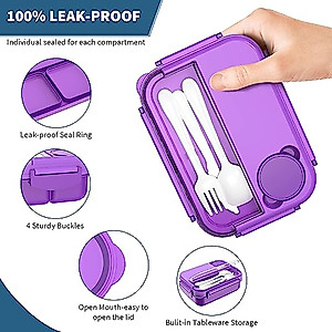 Bento Box, Lunch Box Kids, Bento Lunch Box for Kids/Toddler/Adults, 1300ML-4 Compartment Bento Box Adult Lunch Box w/Food Picks Cake Cups, Built-in Utensil Set, Leak-Proof, Food-Safe Material(Purple)