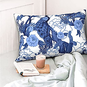 Wozukia Birds and Peonies in Blue Color Throw Pillow Cover Abstract Pattern in Chinoiserie Style with Peacock Lumbar Pillow Case Cushion for Sofa Couch Bed Standard Queen Size 20x30 Inch