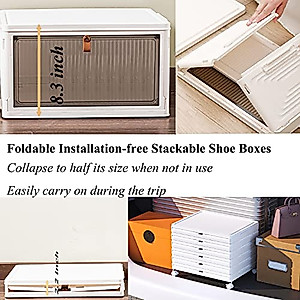 Shoe Storage Boxes-3 Layers Foldable Large Stackable Sneaker Organizer with Magnetic Door, 3 Drawers Rolling Cart Multi-function Bins with Leather Handle for Closet, Hallway, Living Room, Bedroom