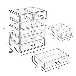 Sorbus Acrylic Clear Makeup Organizer - Big & Spacious Cosmetic Display Case - Stylish Designed Jewelry & Make Up Organizers and Storage for Vanity, Bathroom (4 Large, 2 Small Drawers)