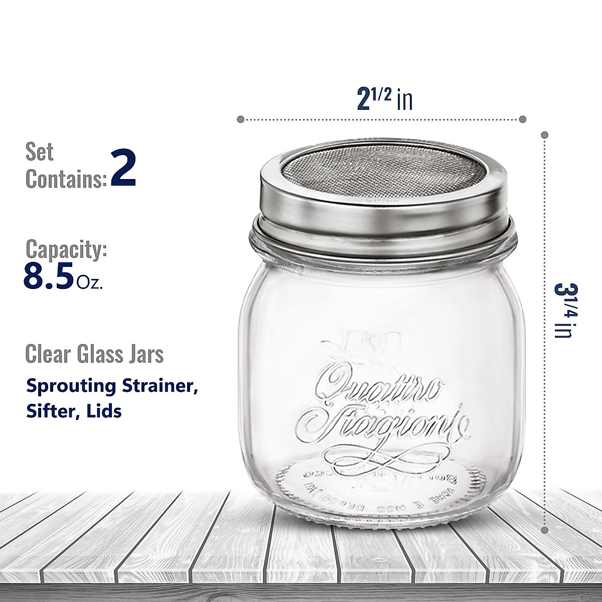 Bormioli Rocco Quattro Stagioni Set Of 2 Mason Jars, Stainless Steel Mesh Lid Sprouting Strainer - Sifter - Sieve Lid, 8.5 Oz. Durable Glass, Made In Italy.