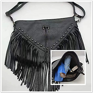 WIGUYUN Tassels Hippie Cross-body Purse Rivets Fringed Shoulder Handbag Casual Hobo Bags for Women,Black