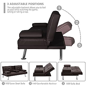 DKLGG Modern Futon Sofa Bed, Faux Leather Upholstered Sofa Couch, Convertible Sleeper Sofa with Removable Armrests 2 Cup Holders Couch Sofa Sleeper for Small Space, Home, Living Room, Apartment