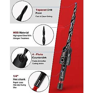 EZARC Wood Countersink Drill Bit Set, 4, 6, 8, 10 Tapered Drill Bits, with 1/4" Hex Shank, Counter Sinker Set for Woodworking and Carpentry