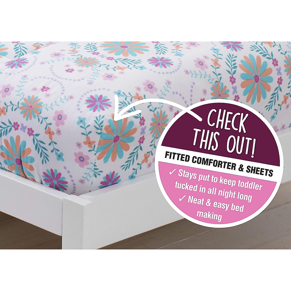 Delta Children Toddler Bedding Set | Girls 4 Piece Collection | Fitted Sheet, Flat Top Sheet w/Elastic Bottom, Fitted Comforter w/Elastic Bottom, Pillowcase, Bohemian | Pink/Multi
