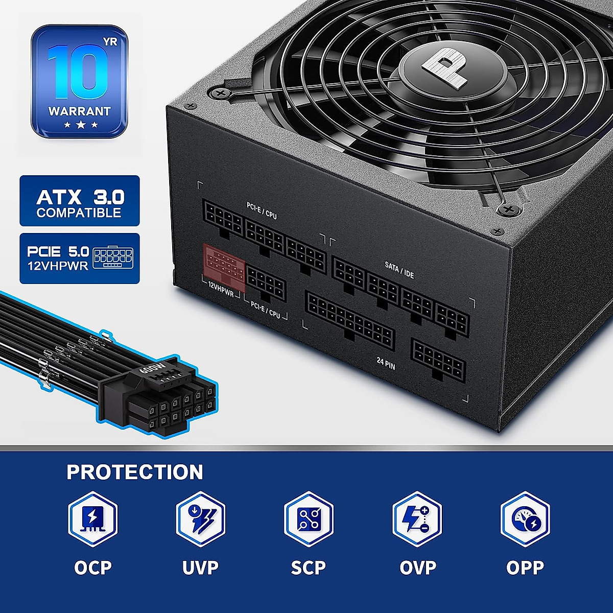 Pystar 1000W Power Supply 80+ Gold Full Modular PSU, ATX 3.0 & PCIE 5.0, ES1000