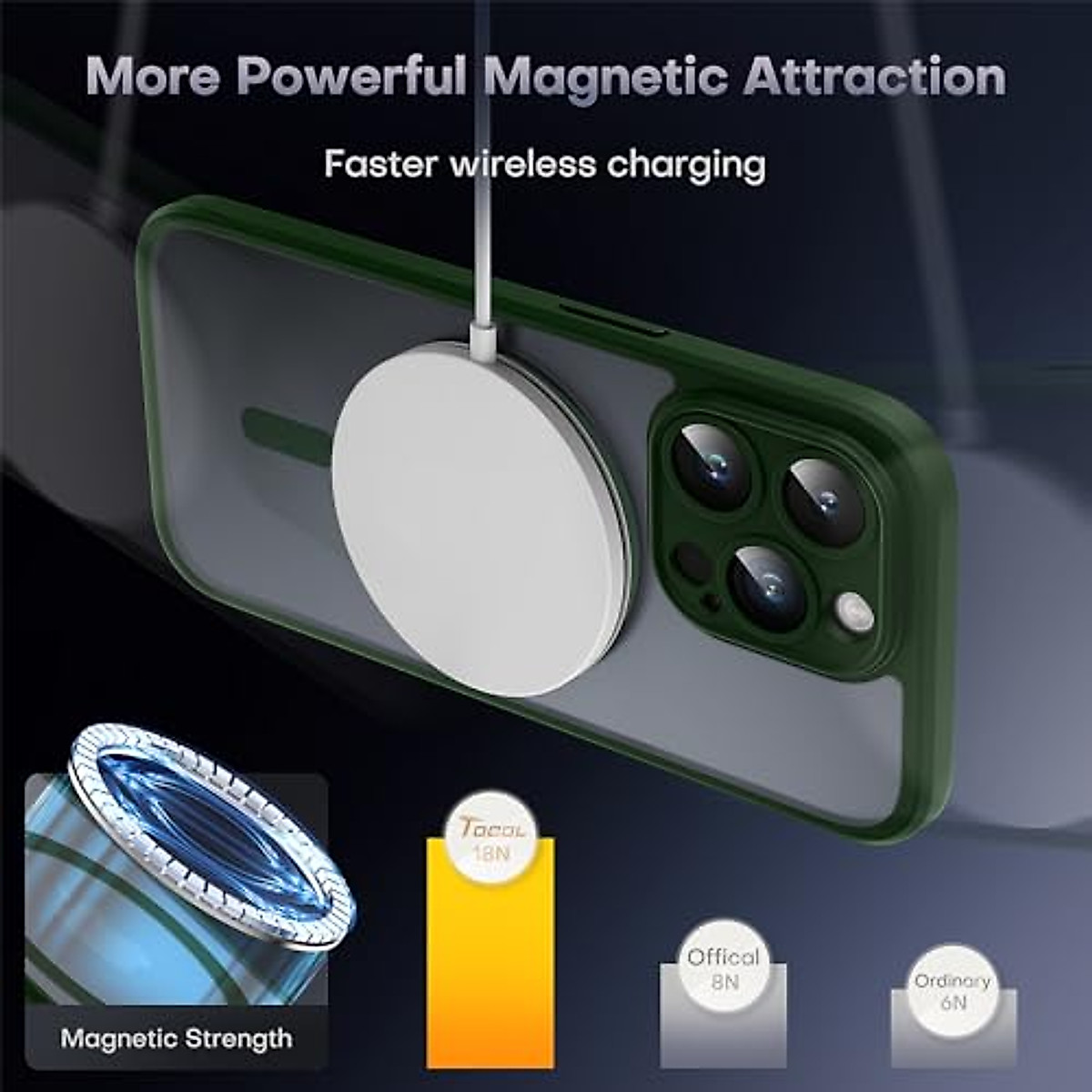 TOCOL 3 in 1 Magnetic for iPhone 14 Pro Case, Upgraded [Full Camera Protection] with 2 Screen Protector, Fit for MagSafe, [Military Grade Drop Tested] Translucent Matte Back Cover 6.1", Alpine Green