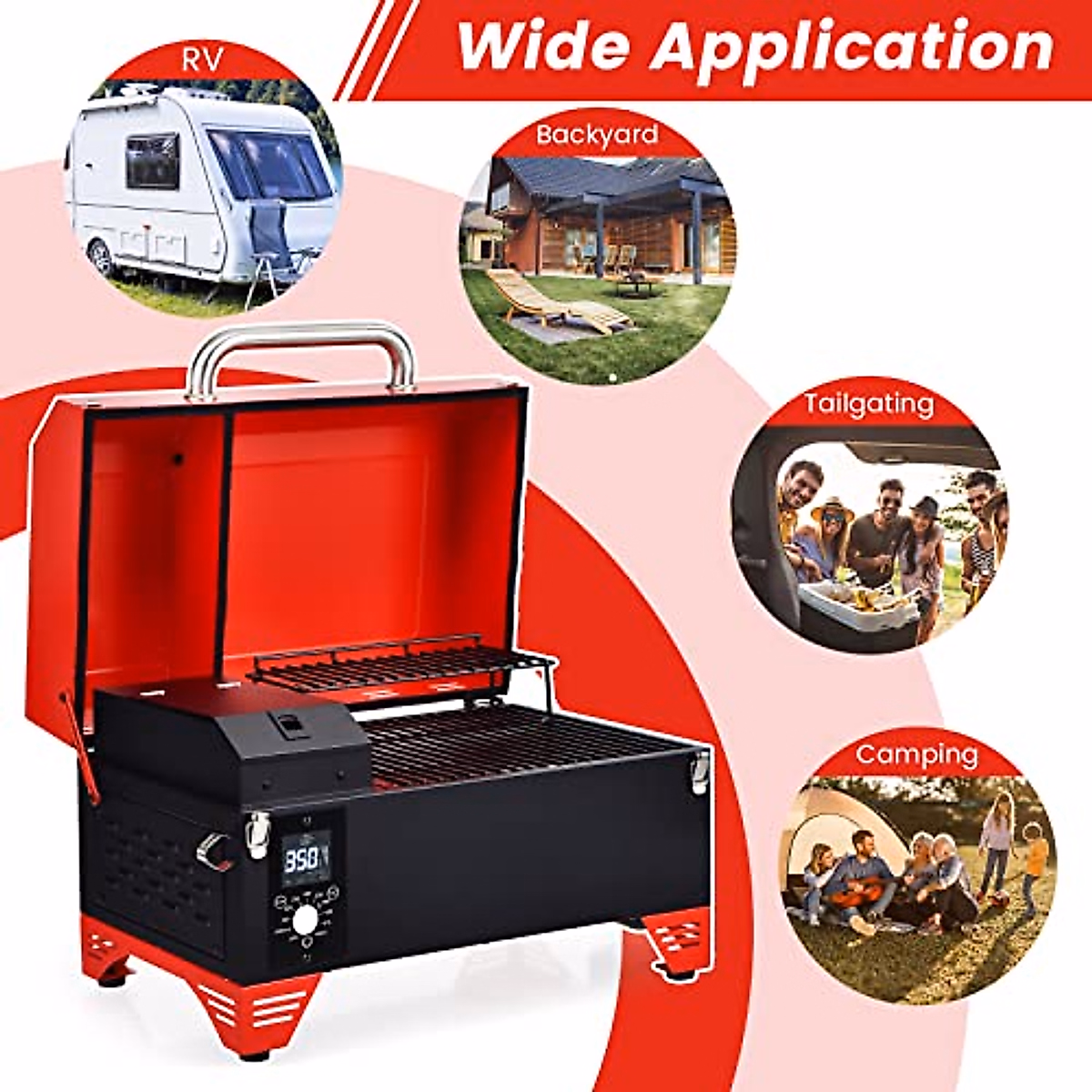 ORALNER Portable Pellet Grill and Smoker, 8 in 1 Tabletop Smoker Outdoor BBQ w/ Auto Temp Control for Camping RV Travel Tailgating Apartment Cooking, Small Wood Pellet Smokers w/ LCD Screen, Grease Bucket, Stainless Steel Meat Probe (Red)