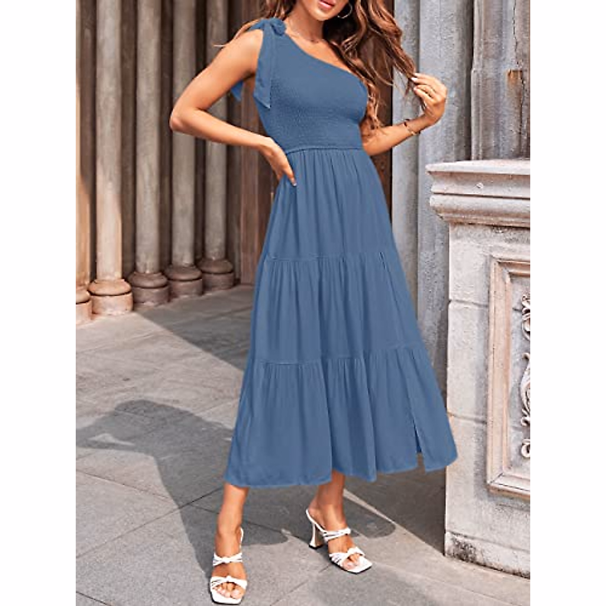 MEROKEETY Women's One Shoulder Sleeveless Shirred High Waist Swing A-Line Midi Maxi Dress,Dustyblue,S