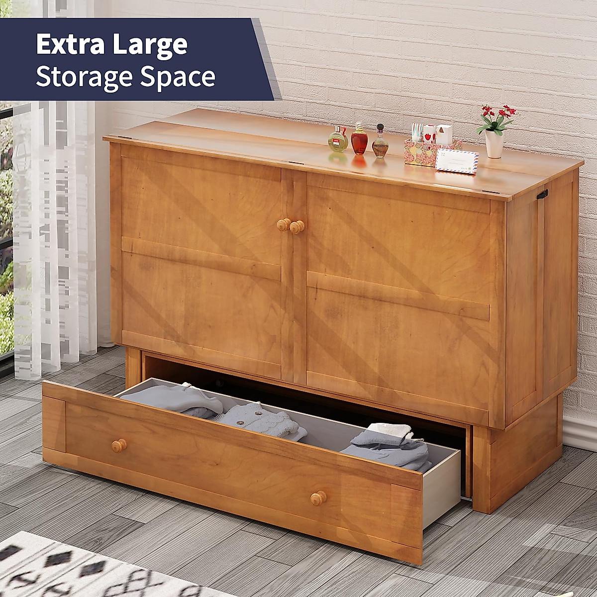 ijuicy Queen Size Murphy Bed, Queen Murphy Cube Cabinet Chest Bed with 3 Level Folding Memory Foam Mattress & USB Charging Station& Large Drawers (Russet Brown,Poplar)