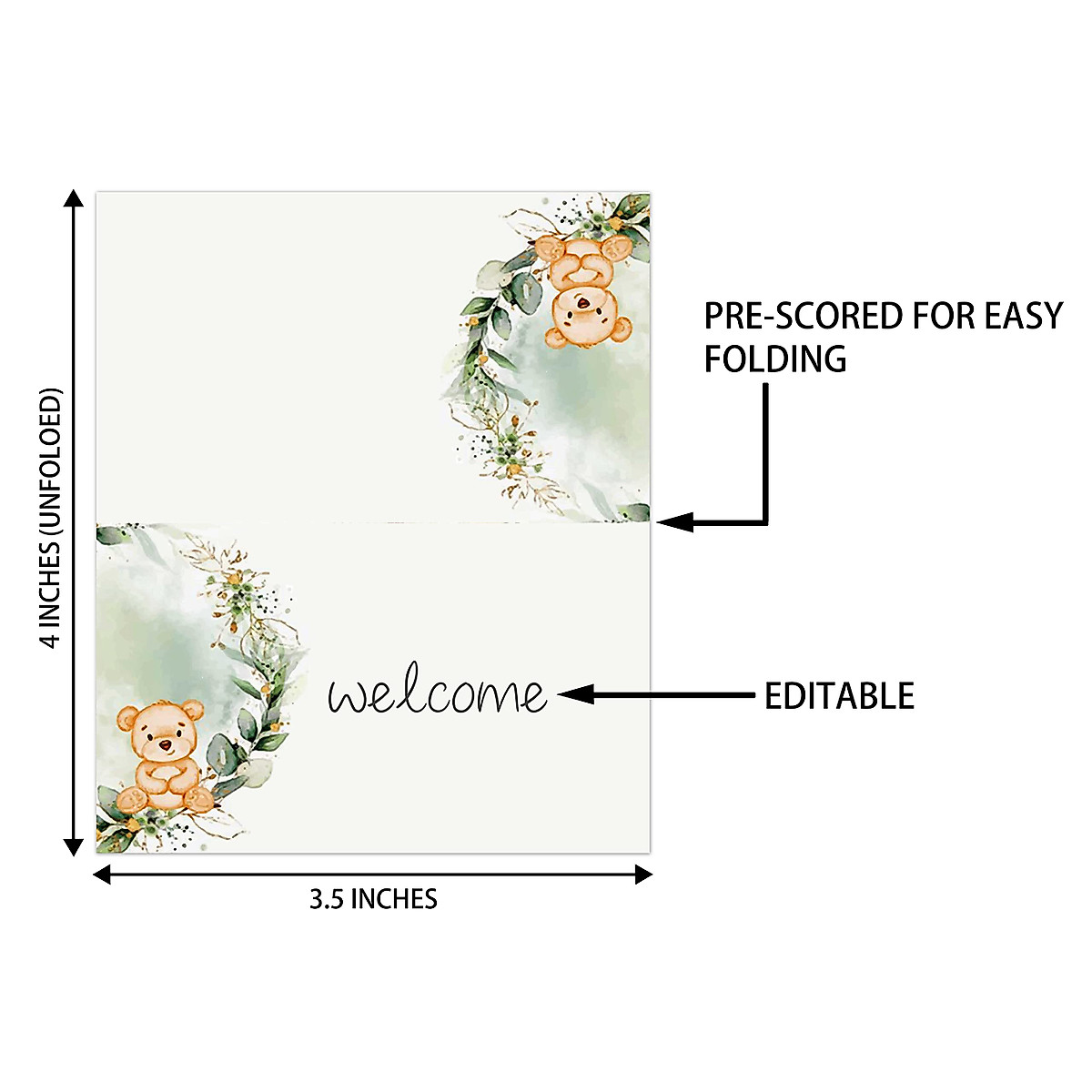 Place Cards for Greenery Bear Party, Editable Name Place Cards, Seating Place Cards for Tables, Tent Style Cards for Baby Shower, Birthday Party, Easy Folding, Pack of 25 Escort Cards(B02)