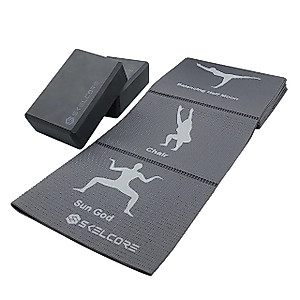 Skelcore Yoga Mat and Blocks Set- Travel Yoga Mat with Poses Printed On It and 2 Yoga Blocks - Non Slip Yoga Accessories For Beginners Folding Yoga Travel Mat 68"L x 24"W x 2mm