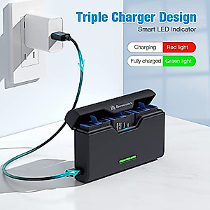 Powerextra Hero 12/11/10/9 Battery 3-Pack(2250mAh) and 3-Channel USB Storage Quick Charger for Gopro Hero 12 Gopro Hero 11 Hero 10 Hero 9 Black Compatible with Gopro Hero 9/10/11 Battery and Charger