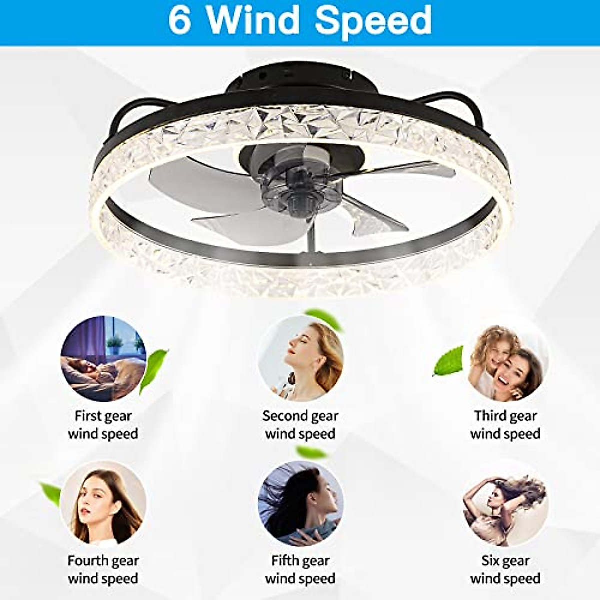 OPFLI Ceiling Fan with Led Lights,Semi Flush Mount Low Profile Fan Light,Dimmable 3 Color,6 Speeds Round Bladeless Ceiling Fan for Kitchen Dining Kids Room