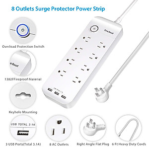 Surge Protector Power Strip - 8 Widely Outlets 3 USB Ports (1800J), 6ft Extension Cord with Flat Plug, Wall Mountable, Surge Overload Protection for TV Home Office, ETL Listed
